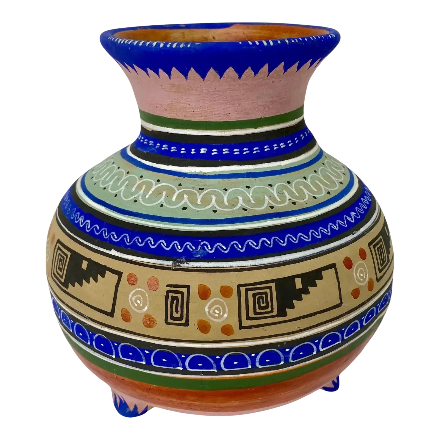 Mexican Handmade Pottery Multicolor Three-Legged Vase | Chairish