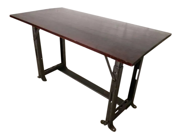 Industrial Metal Work Table with Refinished Top | Chairish