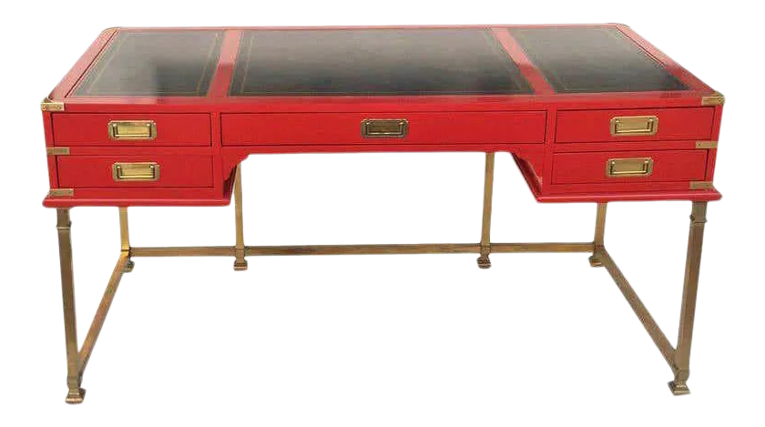 Vintage Campaign Style Red Lacquered Writing Table/Desk | Chairish