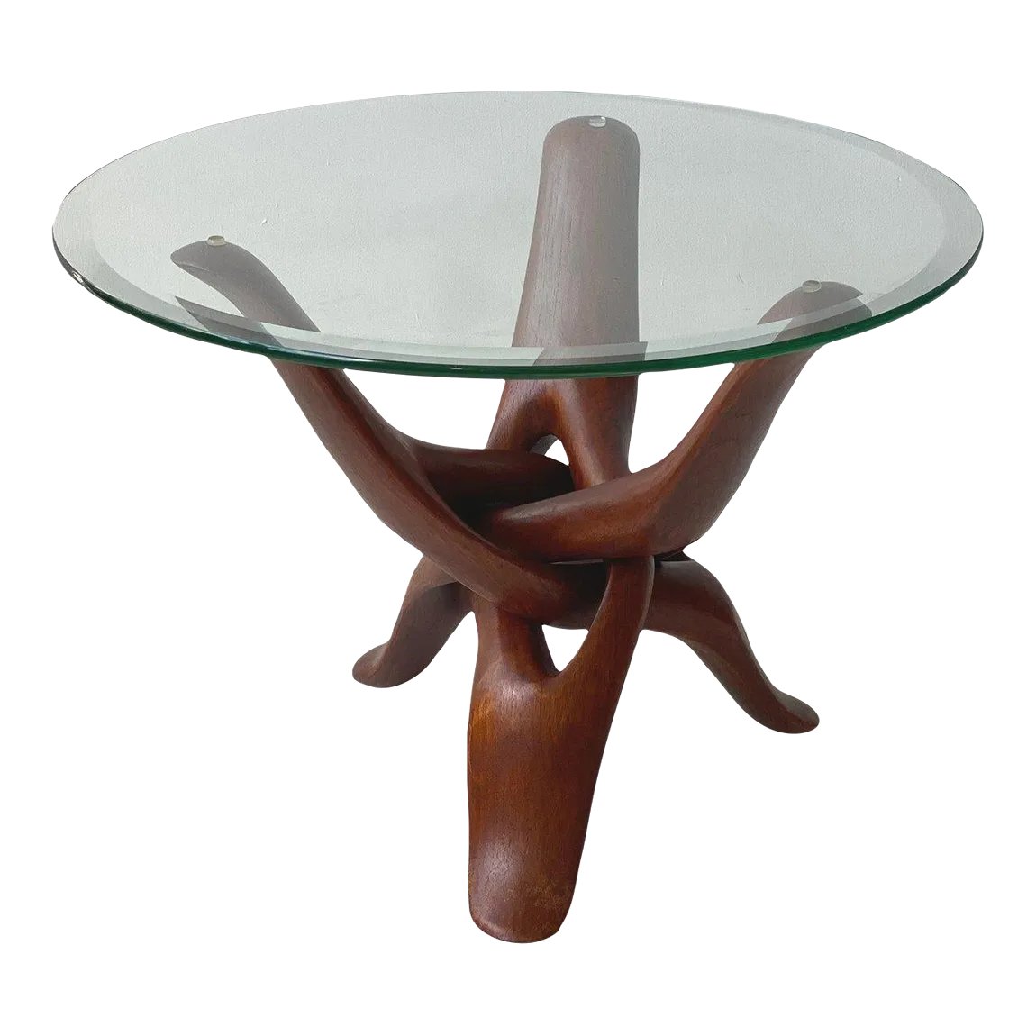 Vintage Mid-Century Interlocking Teak Tripod Base Table With Glass Top, Circa 1970s | Chairish