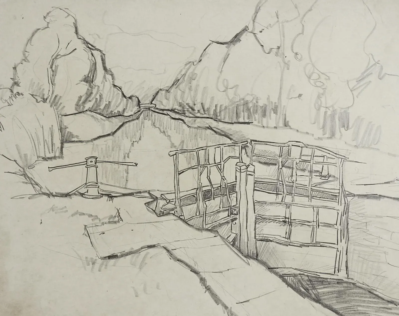 Vintage Rustic Canal Pencil Study | Chairish