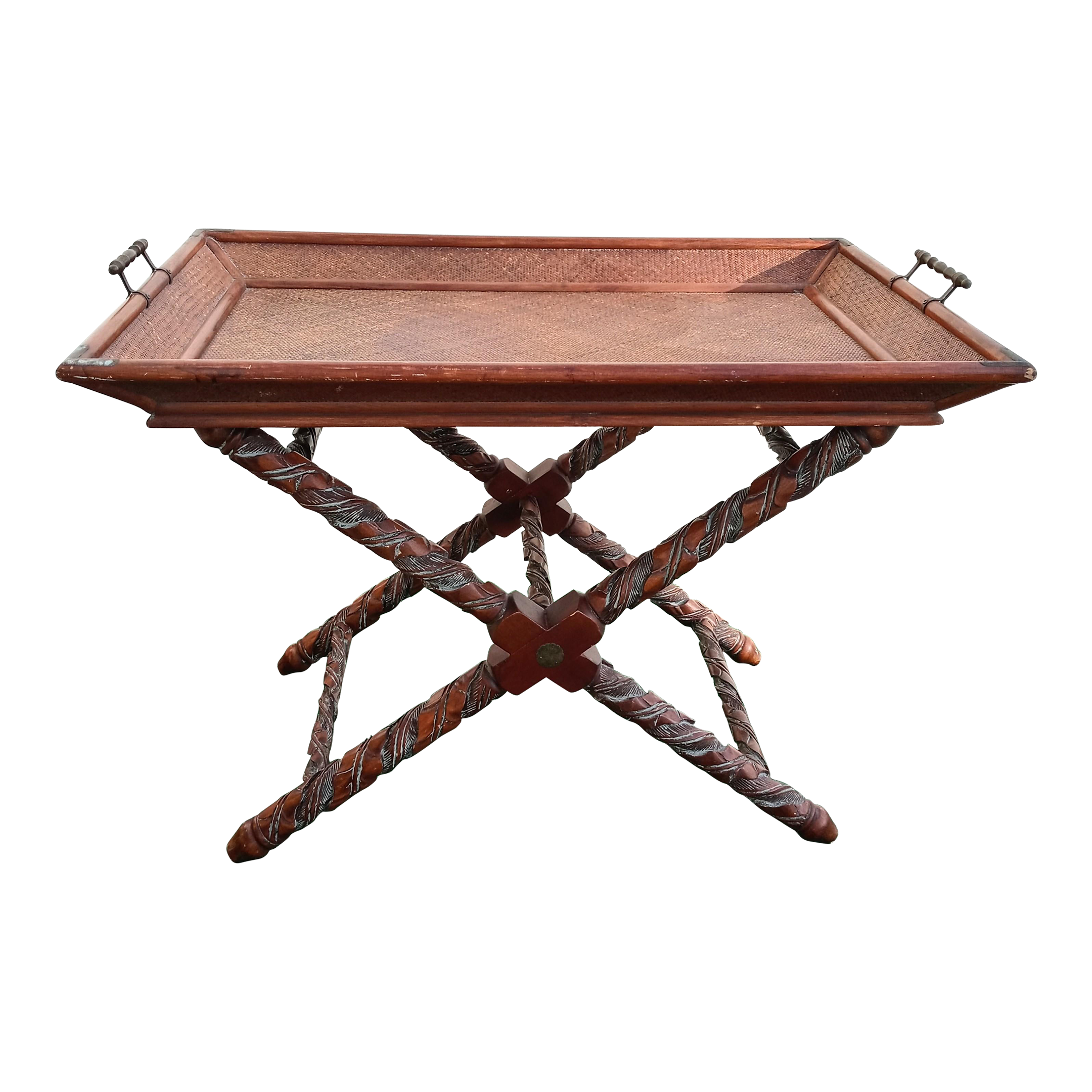 Vintage Large Wicker Carved Leaf Wood Removable Tray Table Top Coffee Table