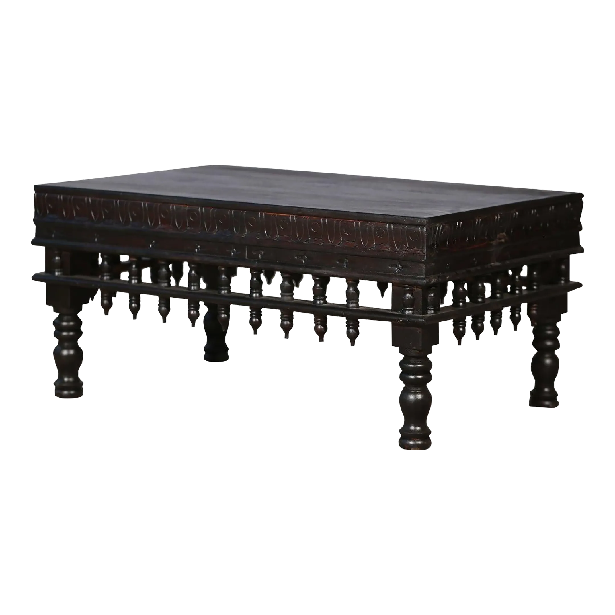 Traditional Hand Carved Wooden Spindles Rectangle Coffee Table | Chairish
