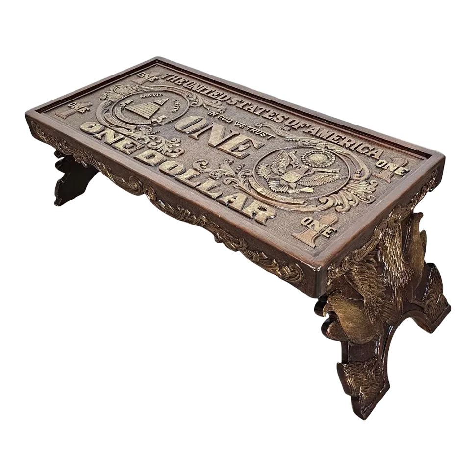 1960s Carved Wood Currency Dollar Bill Coffee Table | Chairish