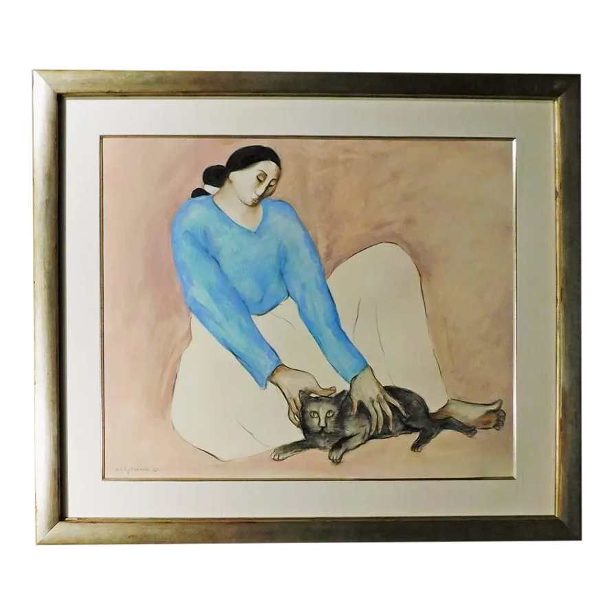 RC Gorman "Study of Virginia's Kitty" Pastel with Custom Frame | Chairish