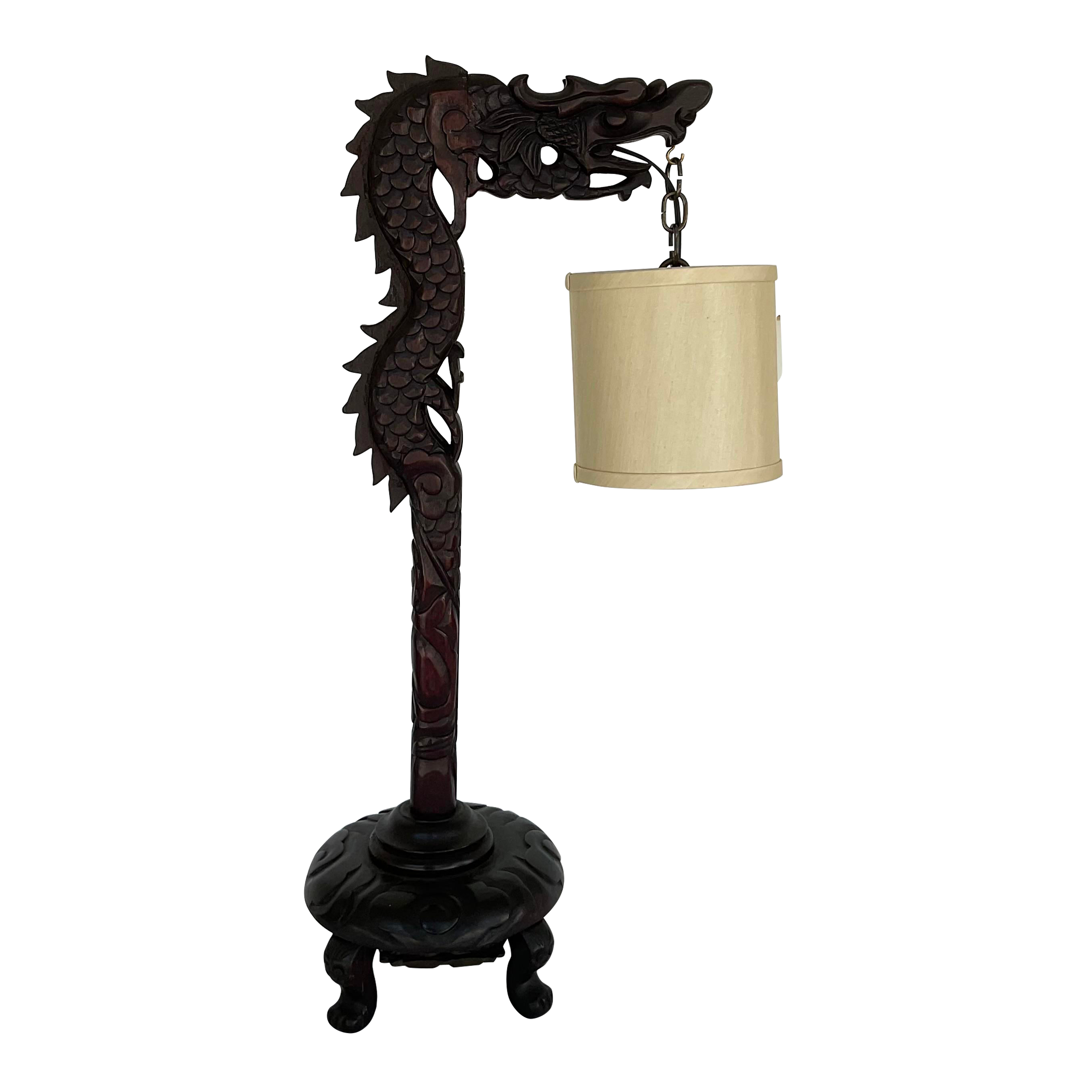 Asian Antique Carved Red Mahogany Dragon Lamp | Chairish