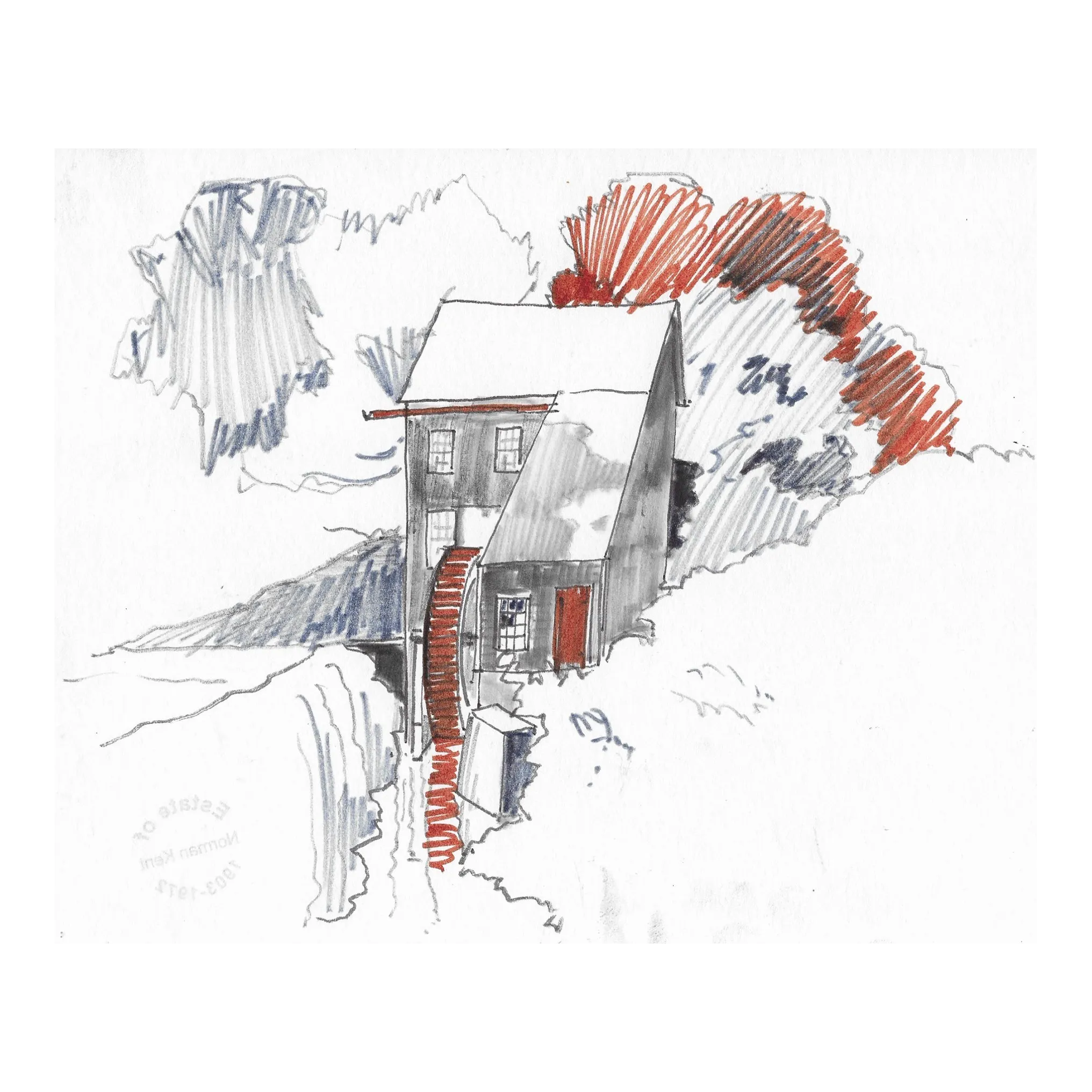 1950s Norman Kent Autumn Mill Scene Drawing | Chairish