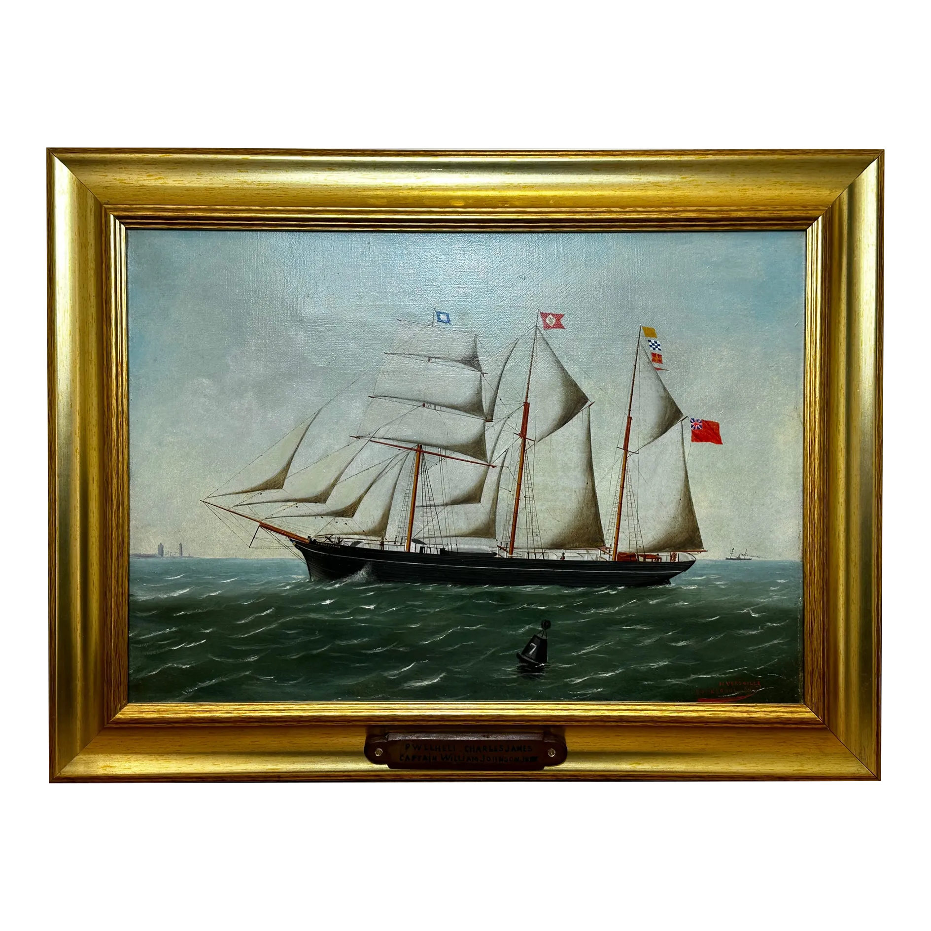 19th Century Oil Painting Marine Barquentine Ship Charles James Off ...