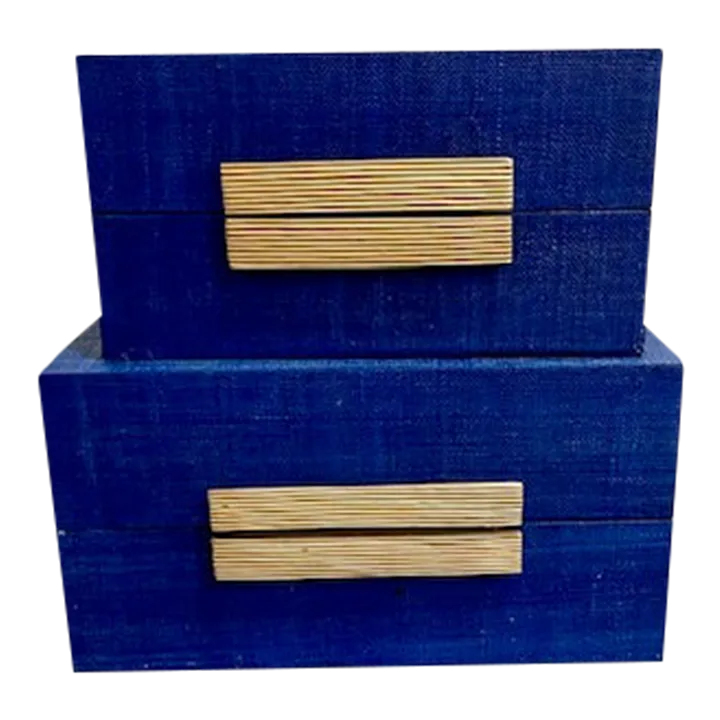 Large Blue Raffia Decorative Boxes With Gold Accents- Set of 2 | Chairish