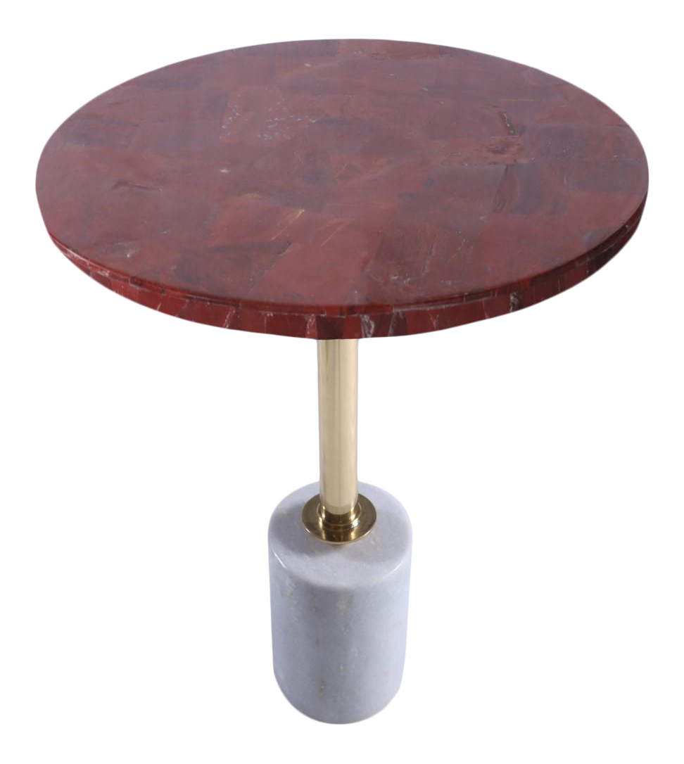 Modern Red Jasper Round Accent Side Table With Marble Base | Chairish