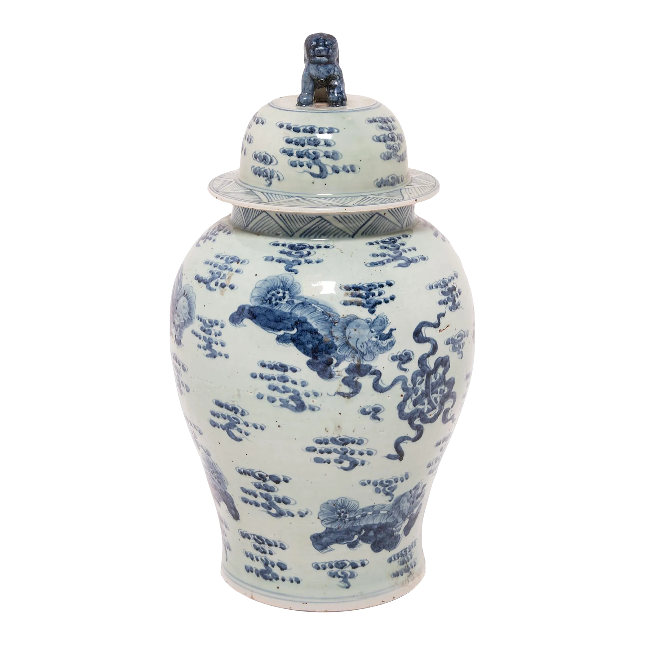 Large Blue and White Ginger Jar With Shizi | Chairish