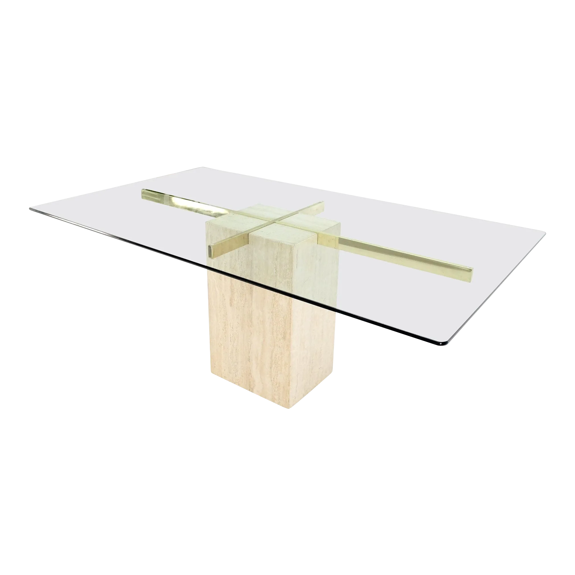 Italian Single Travertine Pedestal Glass Top Dining Conference Table ...