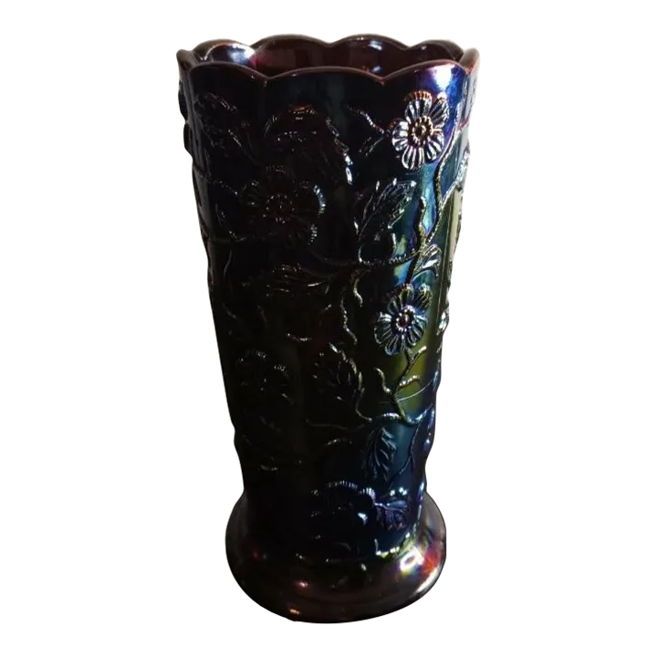 1970s Marked Fenton Amethyst Carnival Glass Peacock Ruffled Vase | Chairish