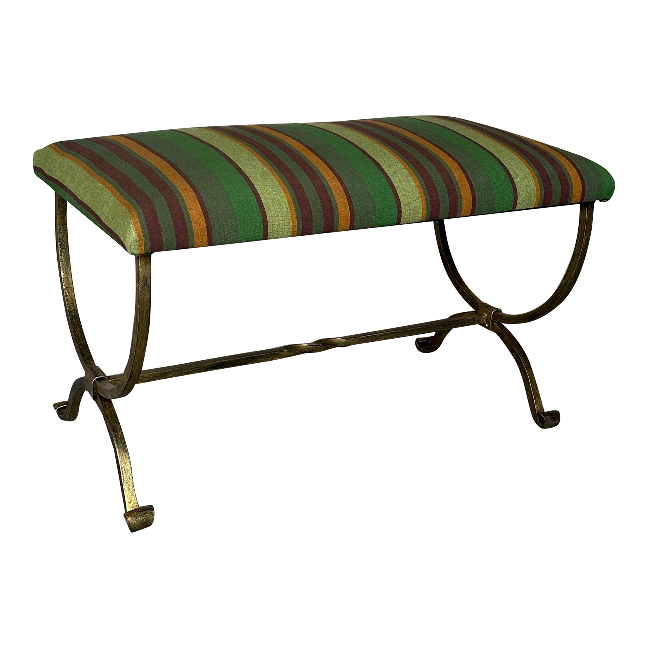 Spanish Iron Bench in Striped Fabric | Chairish