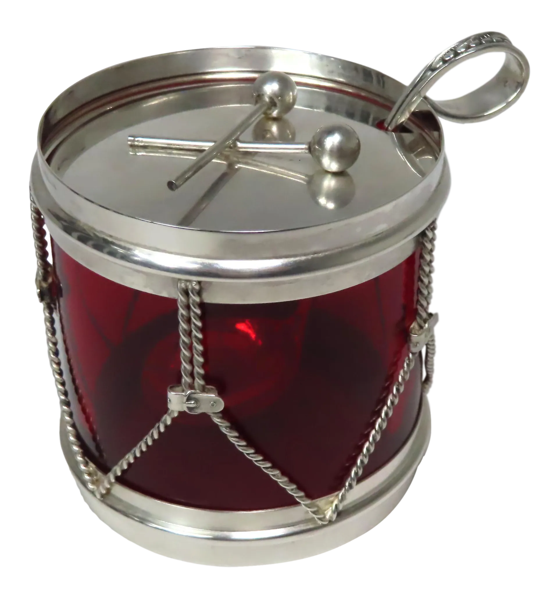 Vintage Sterling Silver & Ruby Glass Figurative Drum Jam Jar | Chairish