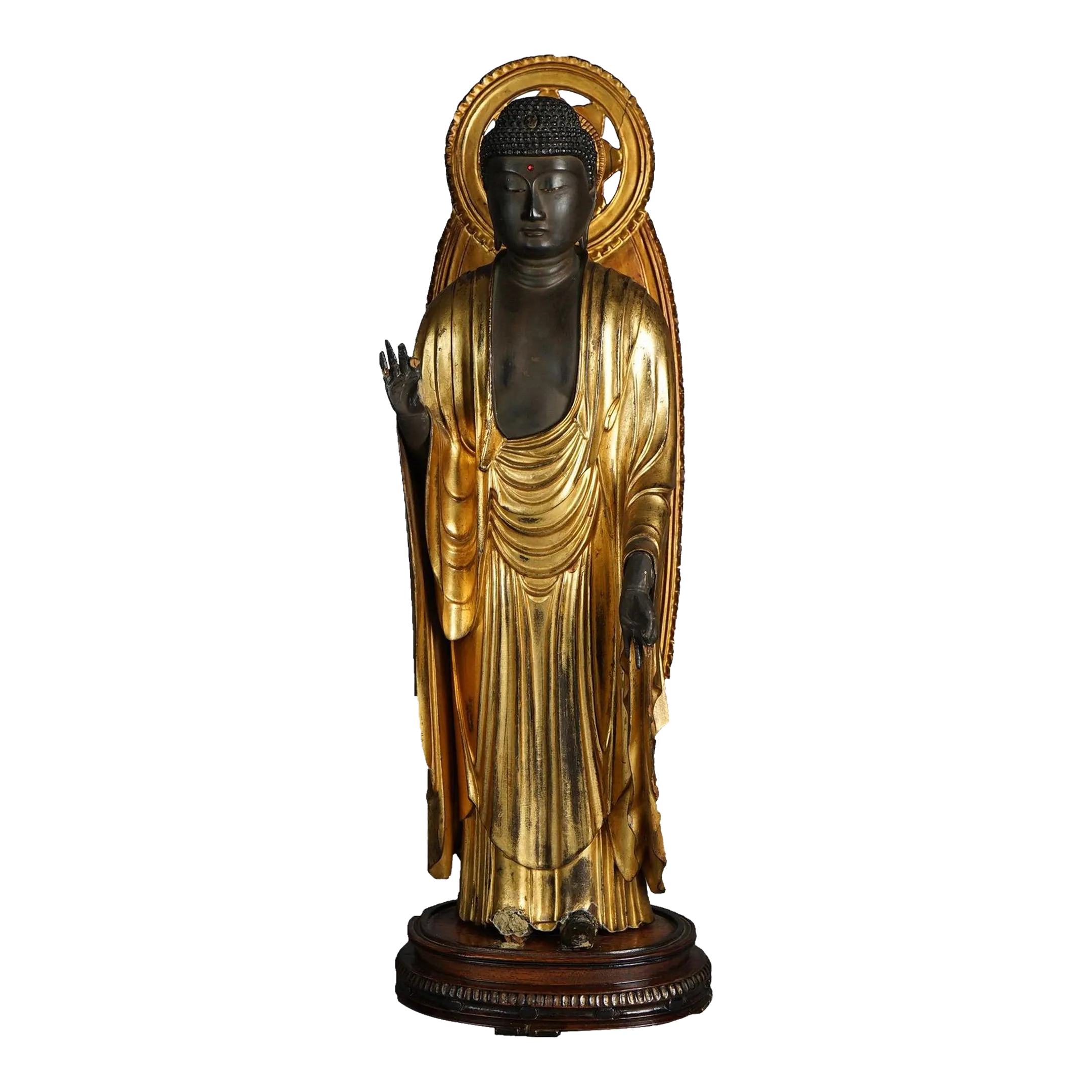 Japanese or Tibetan Polychromed Giltwood Carved Standing Buddha & Stand ...
