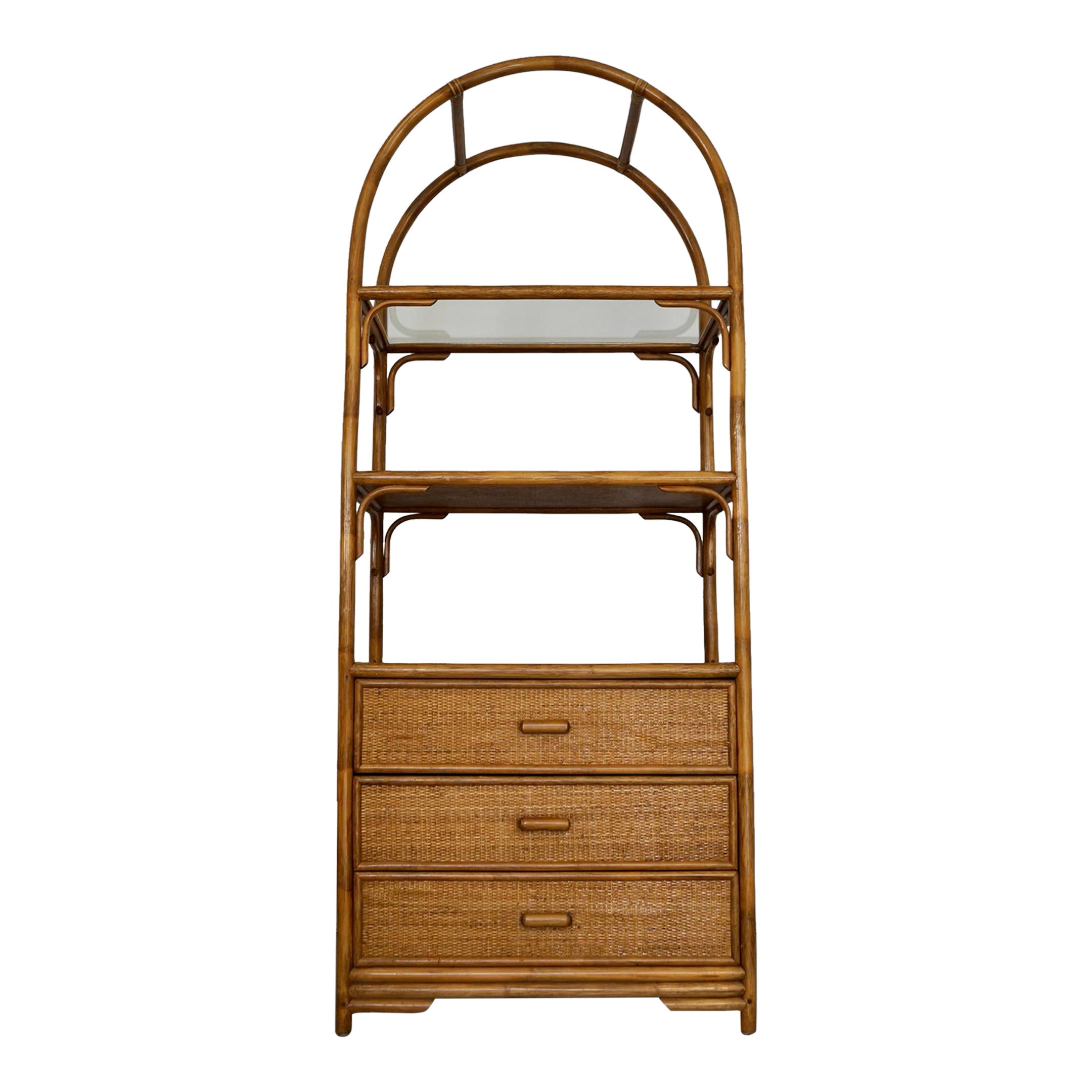 1970's Boho Chic Rattan & Wicker Shelf Etagere | Chairish