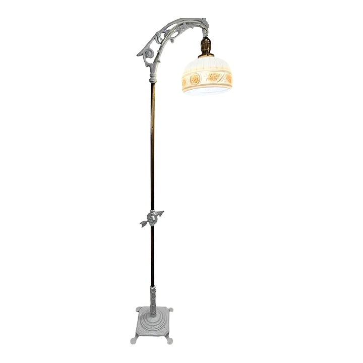 Bridge Arm Lamp Metal Glass W/ Lamp Shade Floral Design | Chairish