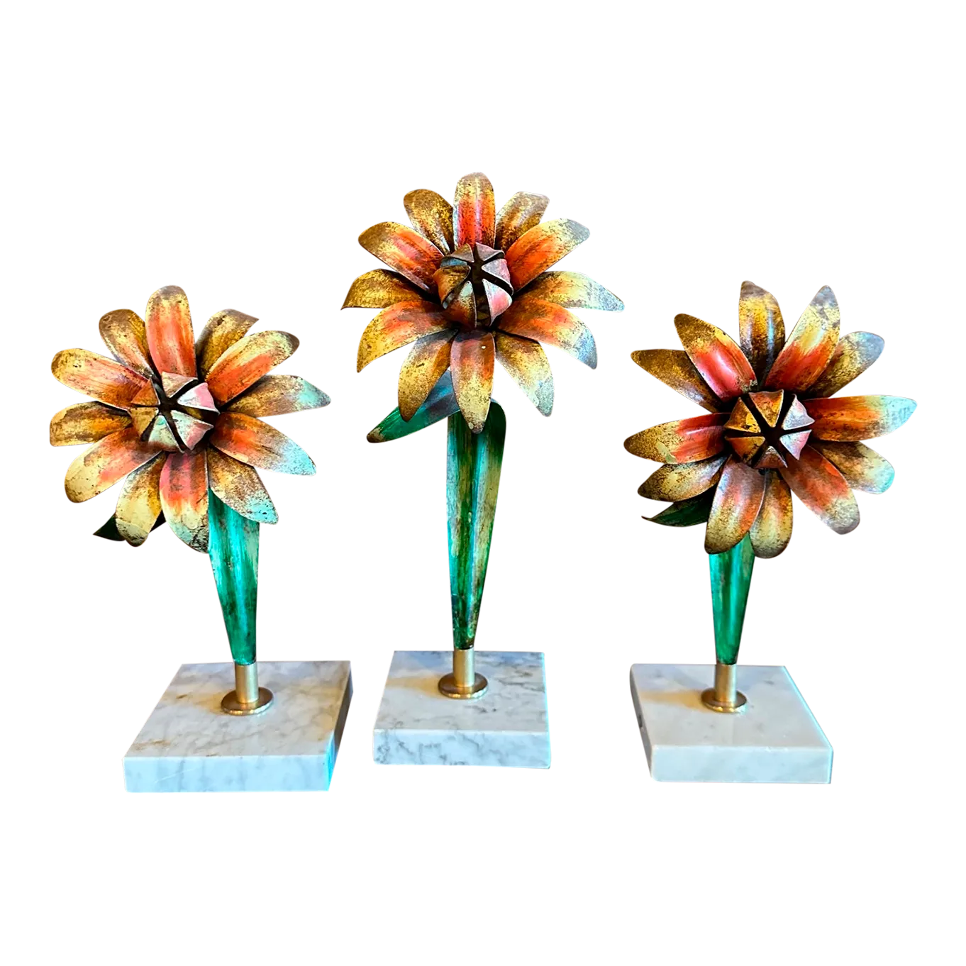 1970s Set of 3 Decorative Metal Flowers on Marble Bases | Chairish