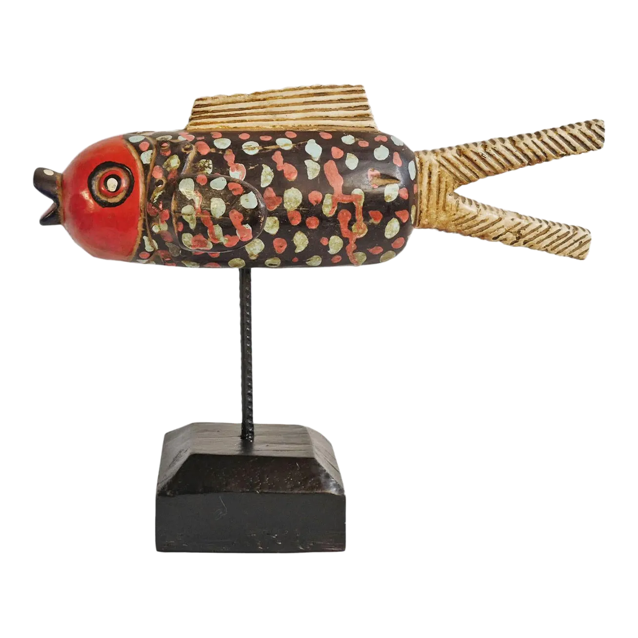 Vintage Mid 20th Century Mali Wood Bozo Fish Puppet on Stand | Chairish