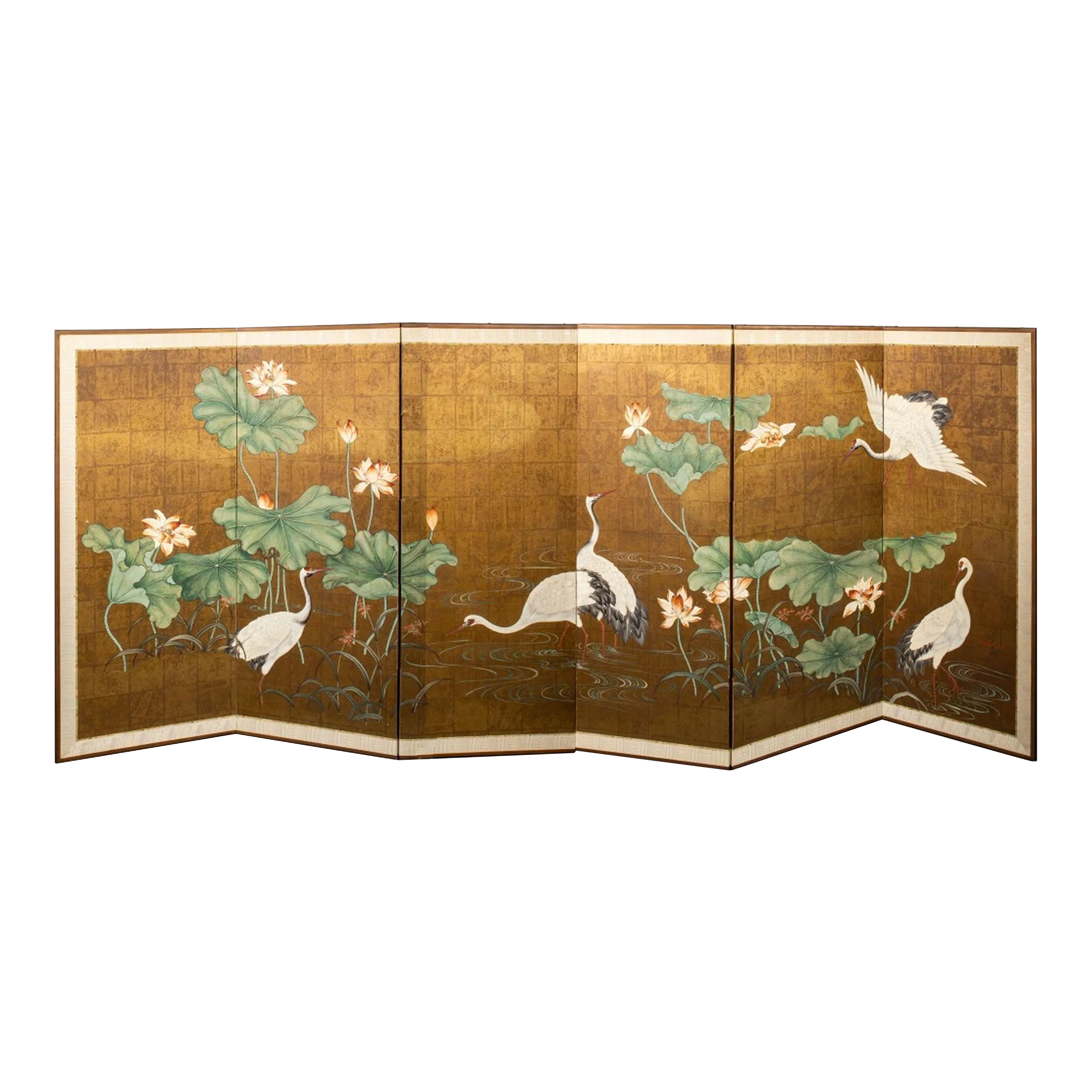 Robert Crowder Japanese Hand-Painted Six Panel Screen | Chairish