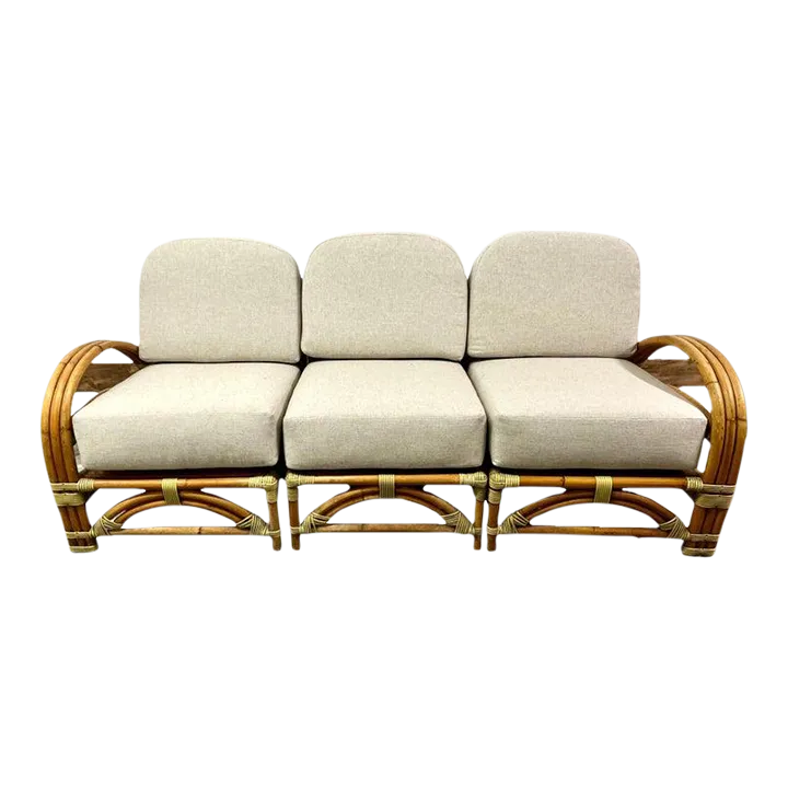 Ritts So. Rattan Sofa with Custom Upholstery | Chairish