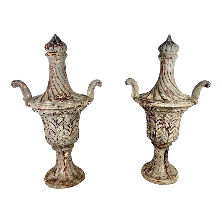 Pair of 19th C. Italian Carved Painted Finials | Chairish