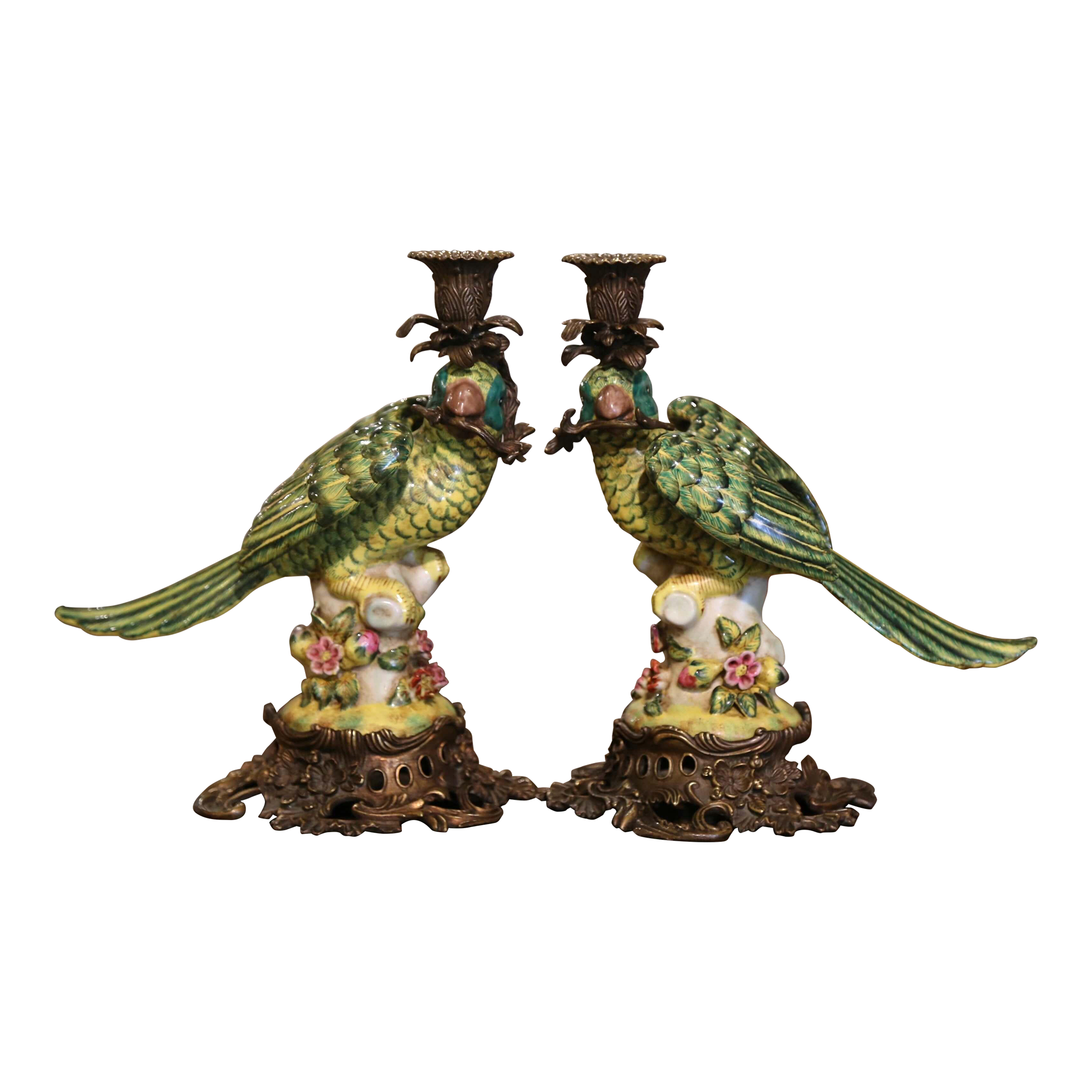 Pair of Early 20th Century French Faience Parrot Candle Holders on ...
