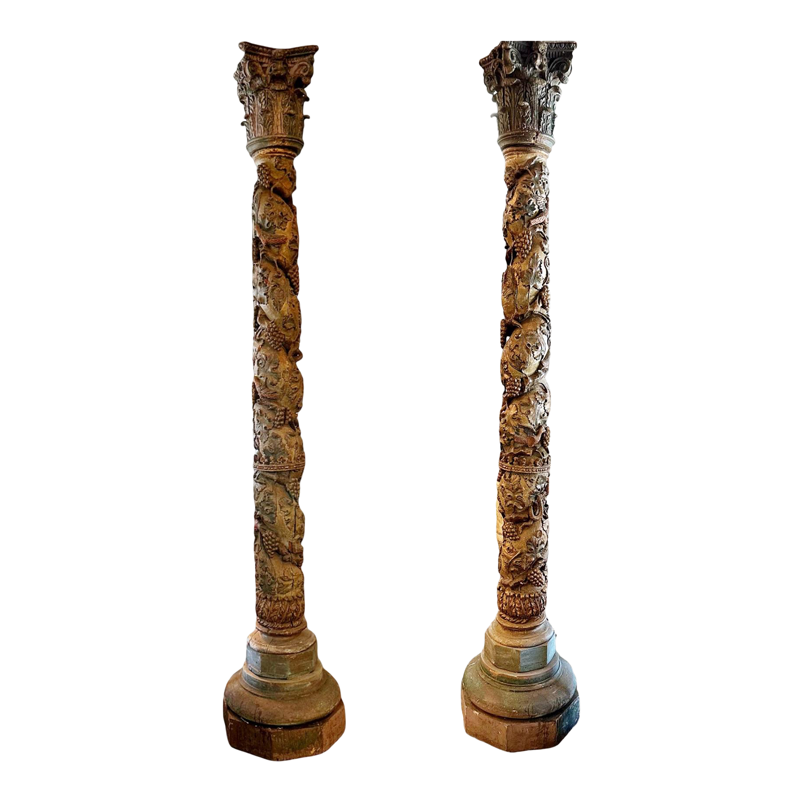Pair of Large 17th Century Polychrome Wood Solomonic Columns With ...