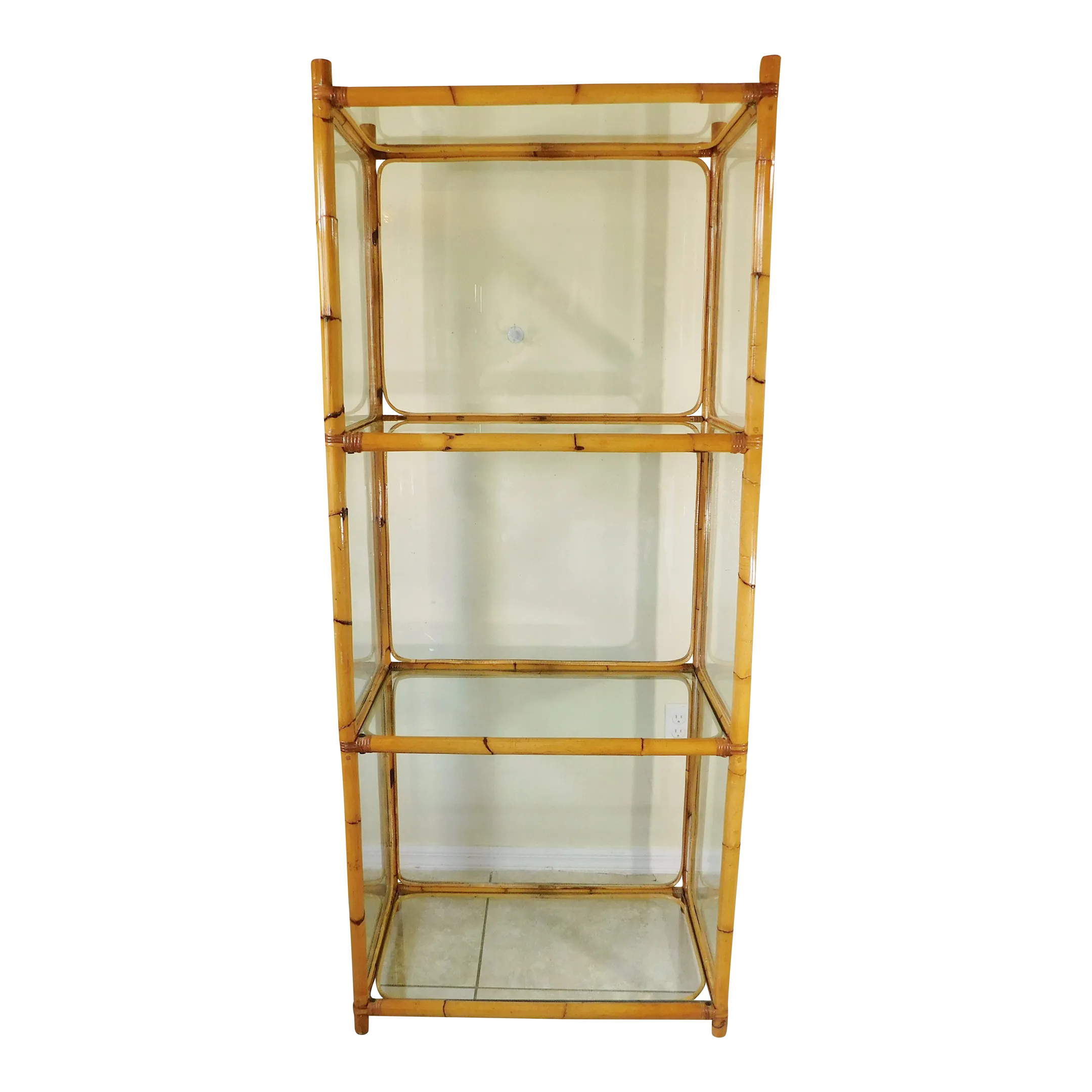 Large Vintage Bamboo & Encased Glass 4 Tier Etagere Book Shelf Rack ...