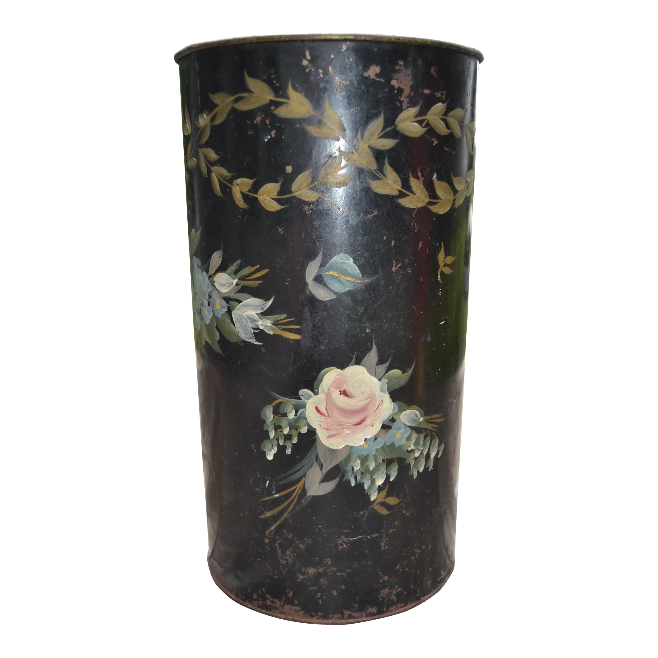 Antique Floral Hand Painted Tin Toleware Vessel | Chairish