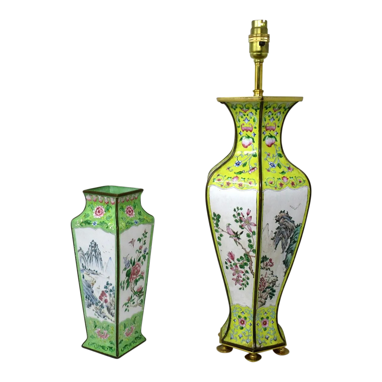 Antique Qing Dynasty Chinese Cantonese Enamel Table Lamp Yellow Green ...