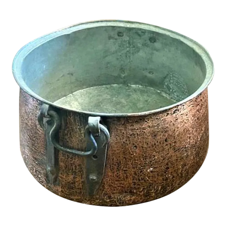 Large Antique Hammered Copper Cauldron With Hand Wrought Iron Handles ...