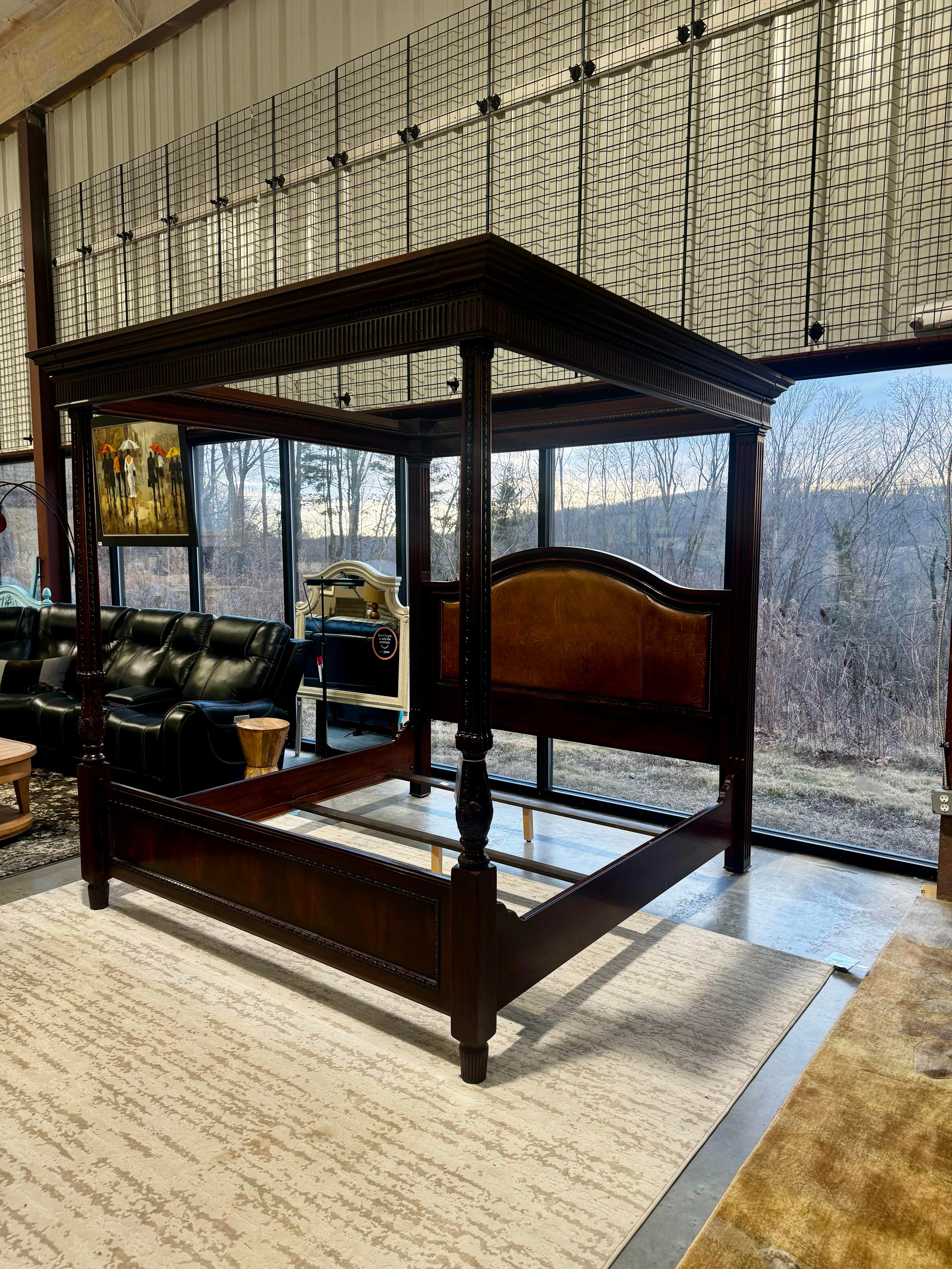 Ralph Lauren King Size Mahogany Canopy Bed With Leather Headboard
