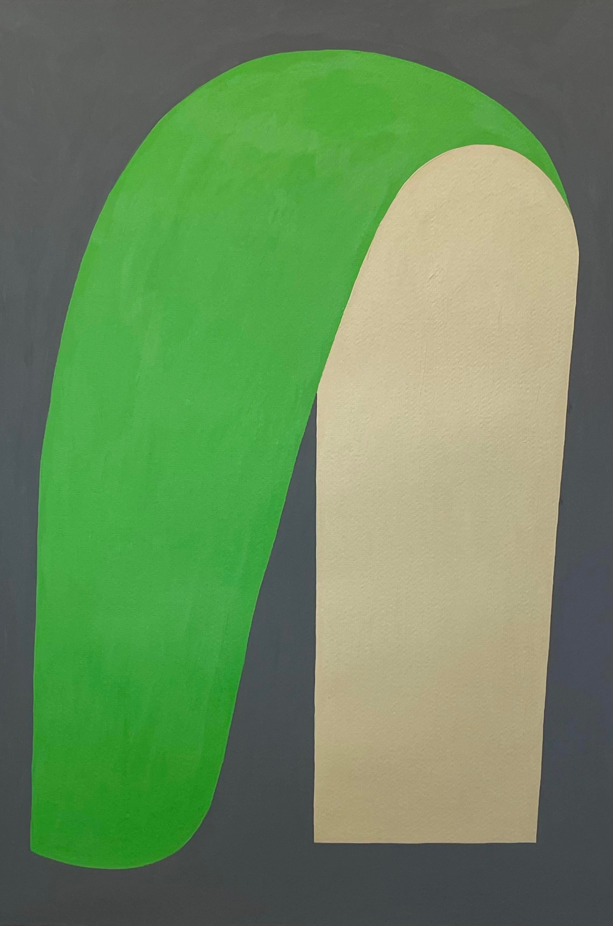 Contemporary Abstract Acrylic Painting With Green Swoop | Chairish