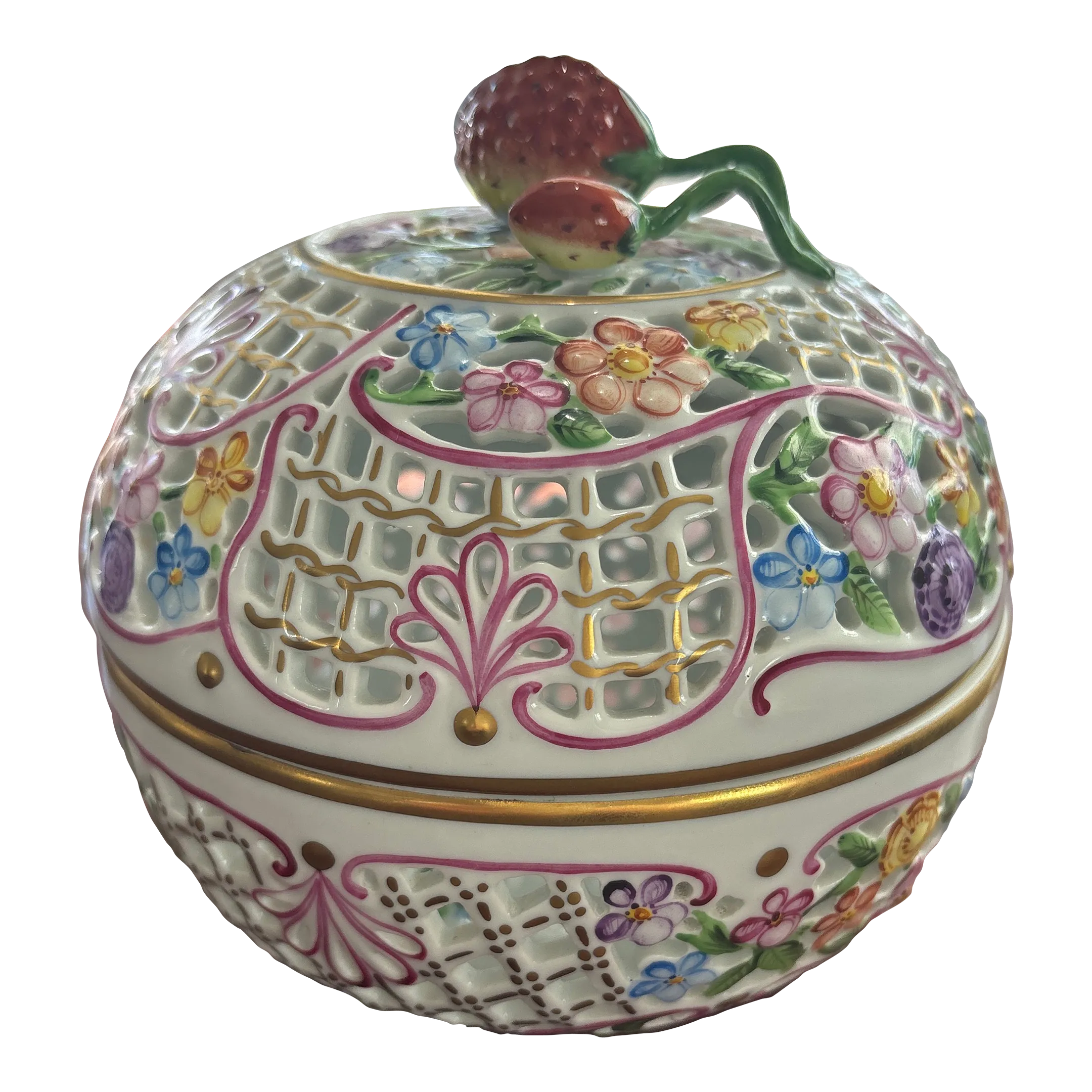 1990s Herend Reticulated Trinket Box With Strawberry Finial | Chairish