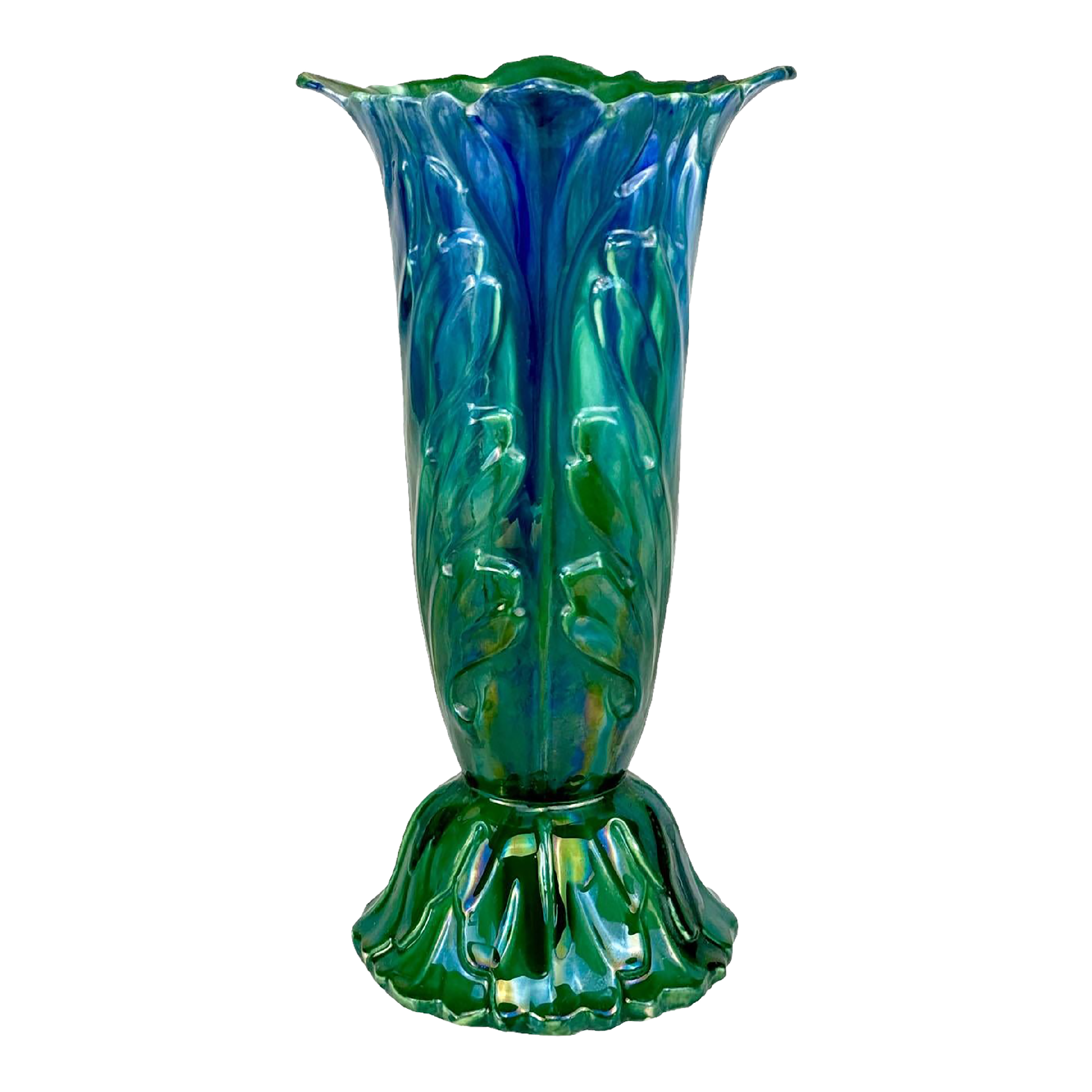 Mid-Century Art Deco Blue-Green Glazed Pottery Acanthus Motif 15" Vase ...