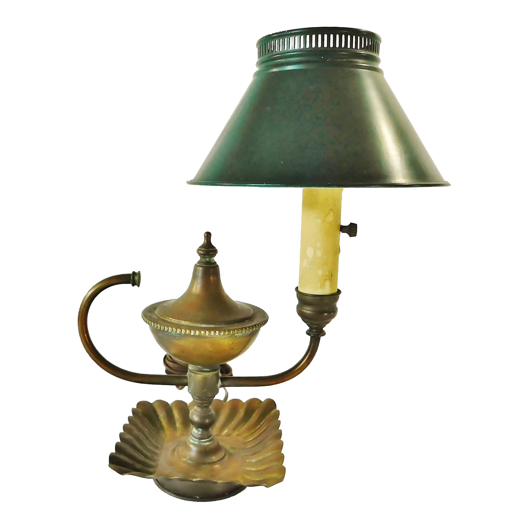 Vintage C1940s Solid Brass Genie Desk Lamp With Green Tole Shade | Chairish