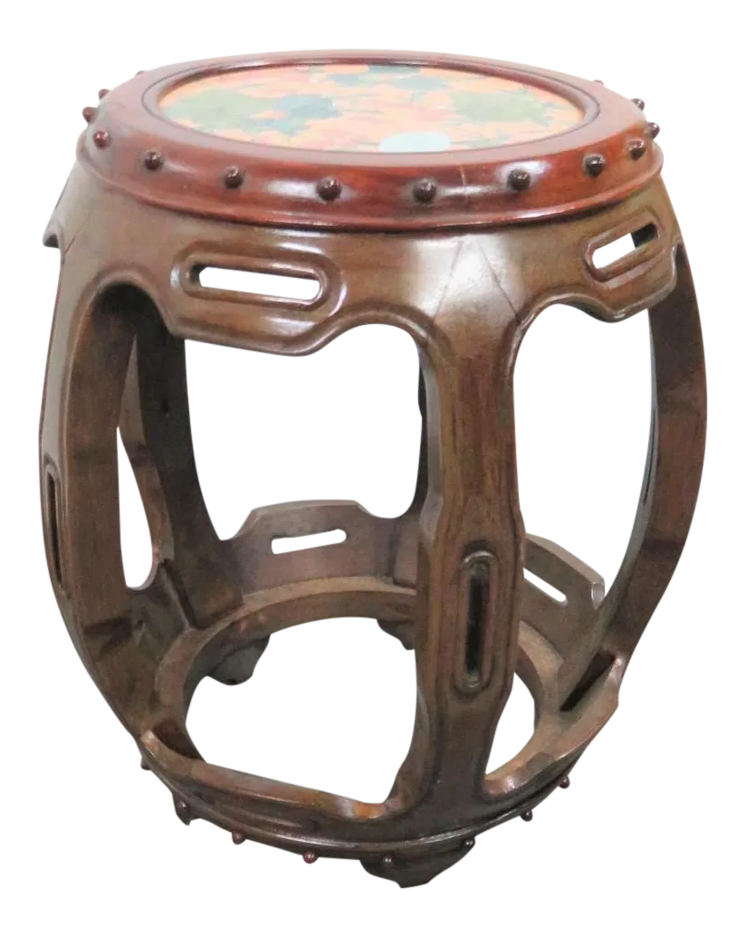 Mid 20th Century Chinese Rosewood/Porcelain Garden Stool | Chairish