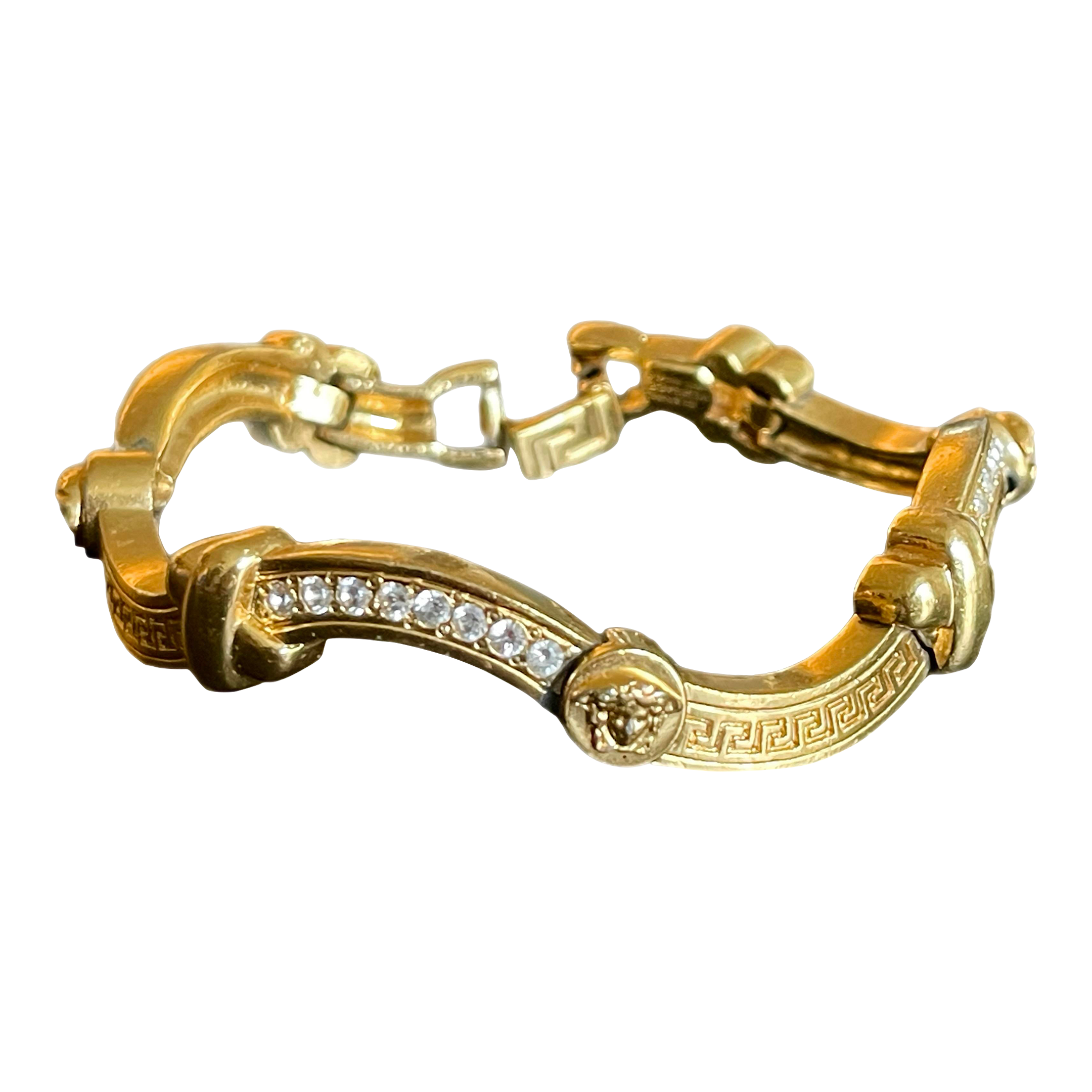 1990s Gianni Versace Medusa and Crystal Gold Link Bracelet | Chairish