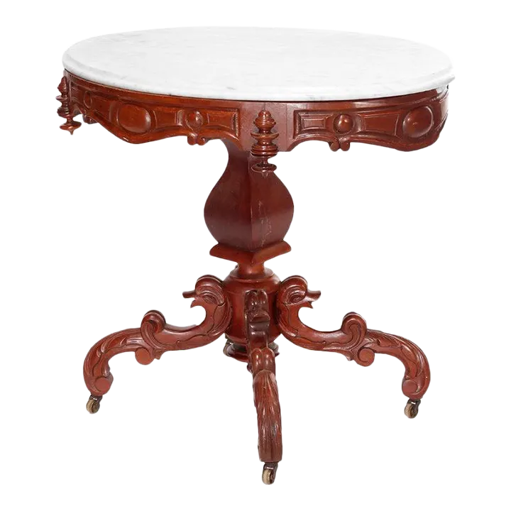 Antique Renaissance Revival Figural Carved Oval Marble Top Parlor Table ...