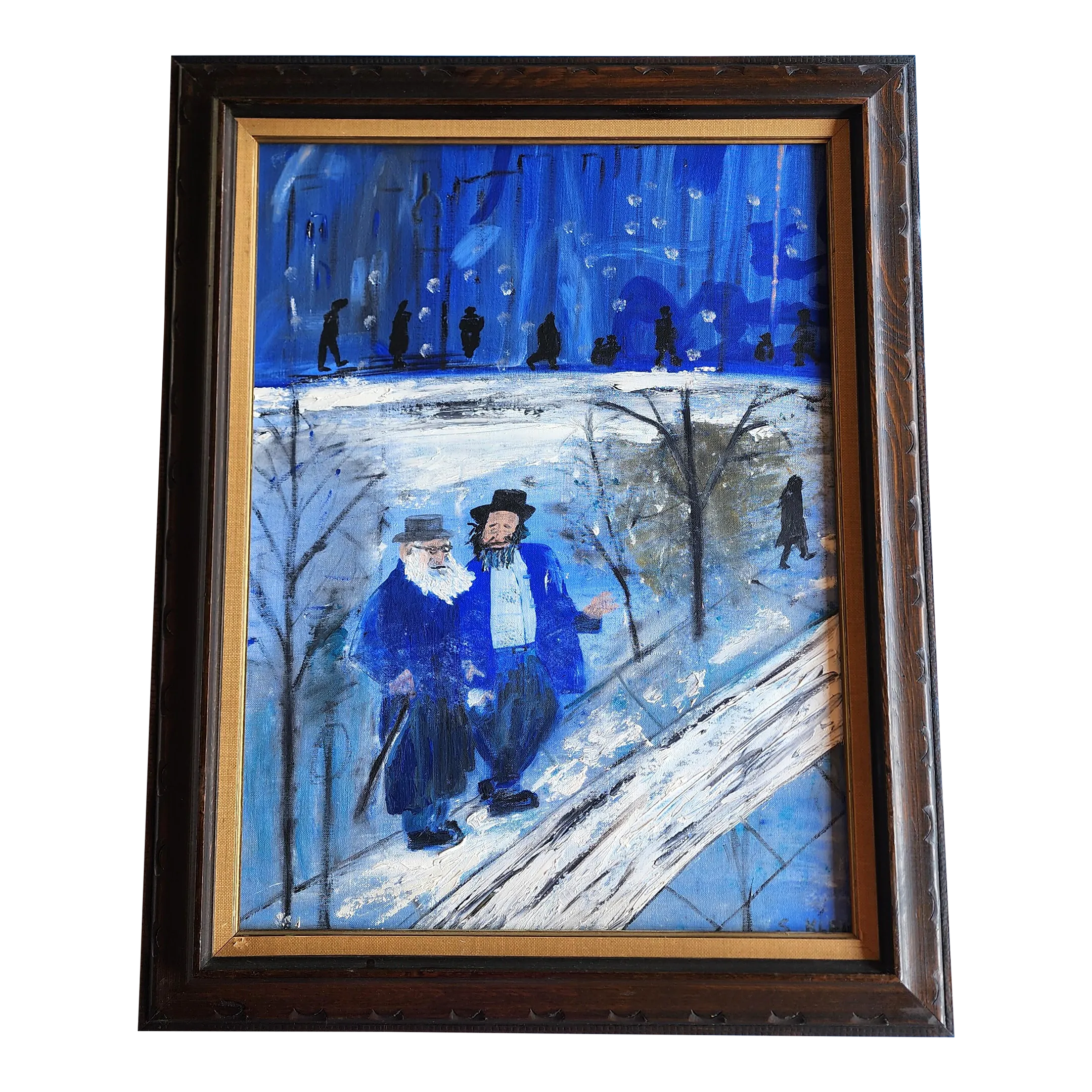 Mid 20th Century "Men in Blue Winter Scene" Folk Art Original Oil ...
