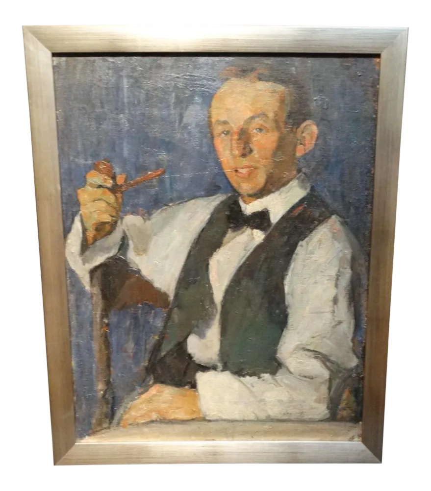 1920s Vintage Ejnar Hansen "Young Man With a Pipe" Painting | Chairish