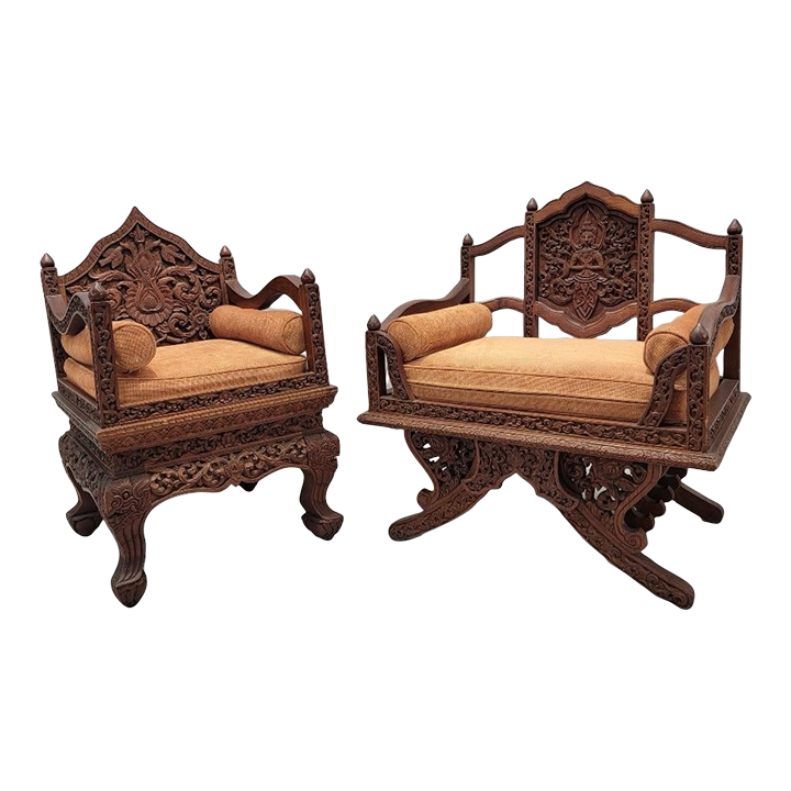 Antique Thai Howdah Hand-Carved Rosewood Ornate Saddle Chairs - Set of ...