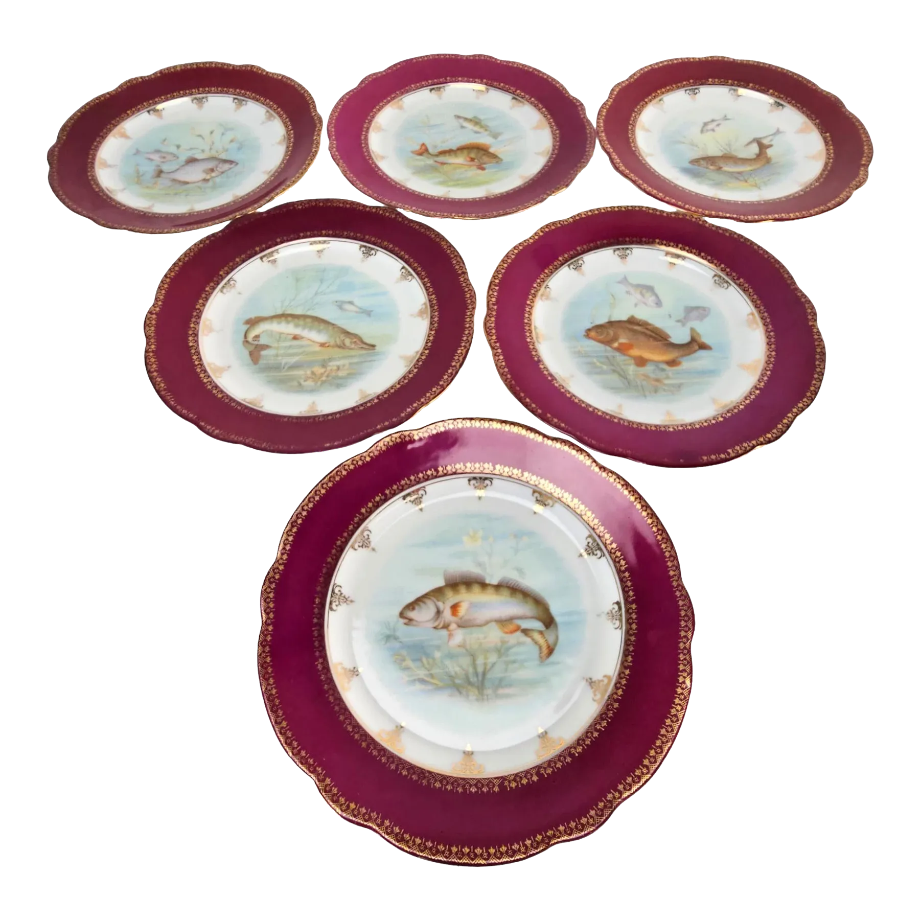 Imperial Fish Austria Crown Platters Burgundy Set of 6 | Chairish
