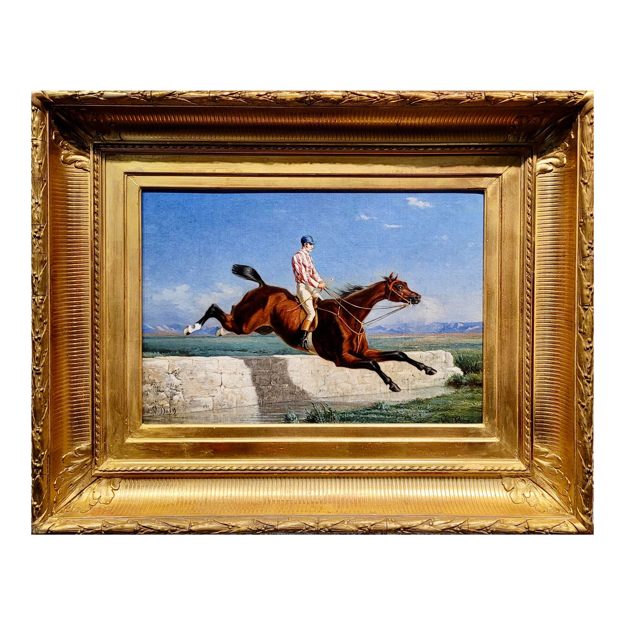 Bain-Jockey W/Horse Jumping Over the Ditch-19th Century Oil Painting ...