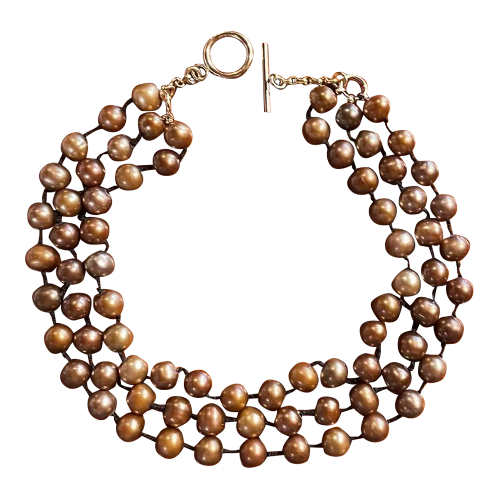 Triple Strand Bronze Pearl Choker Necklace With 14k Clasp | Chairish