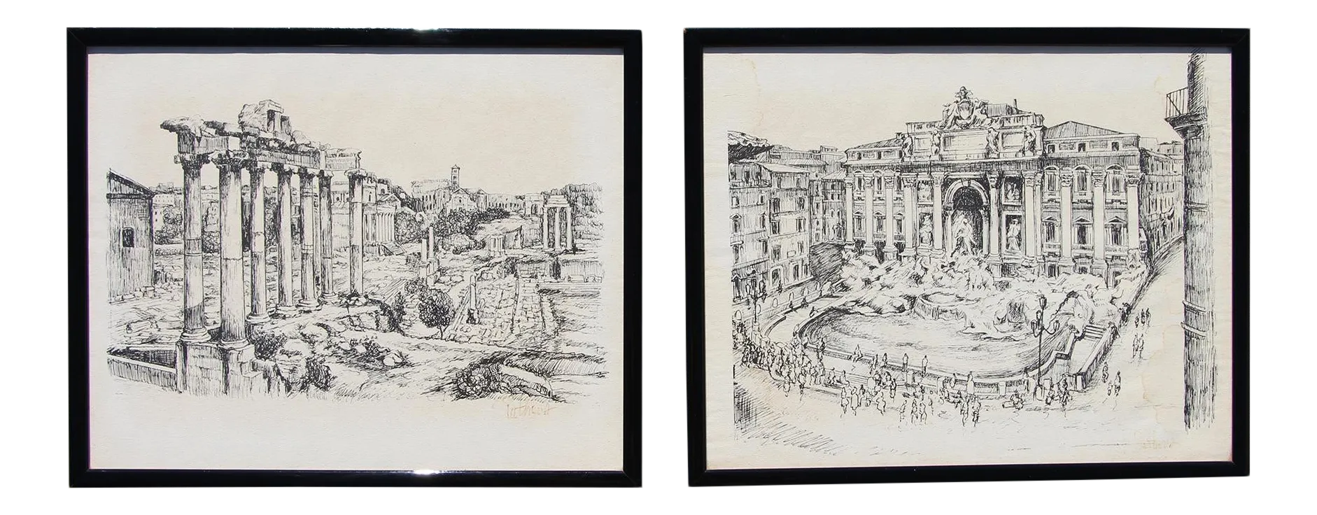 1950s Italian Ink on Paper Drawings: Roman Forum and Fontana DI Trevi ...