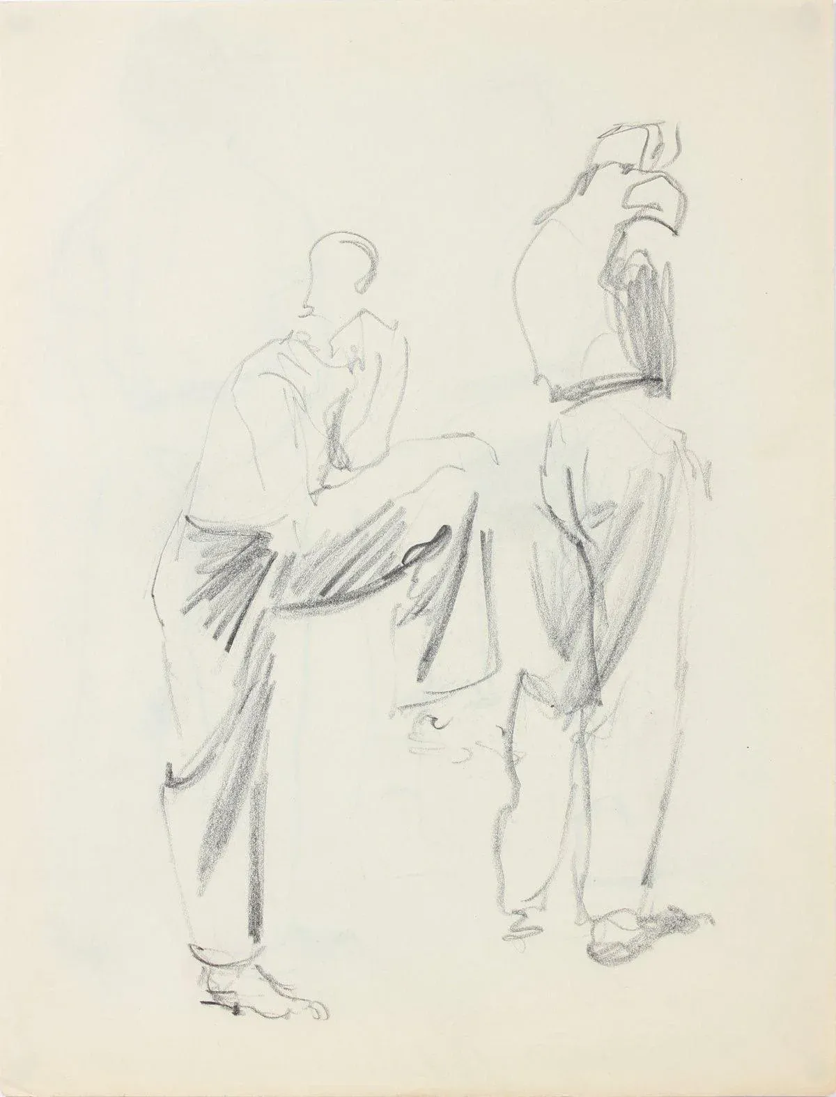 Double-Sided Stylized Sketch of Two Male Figures 1940-50s Graphite ...