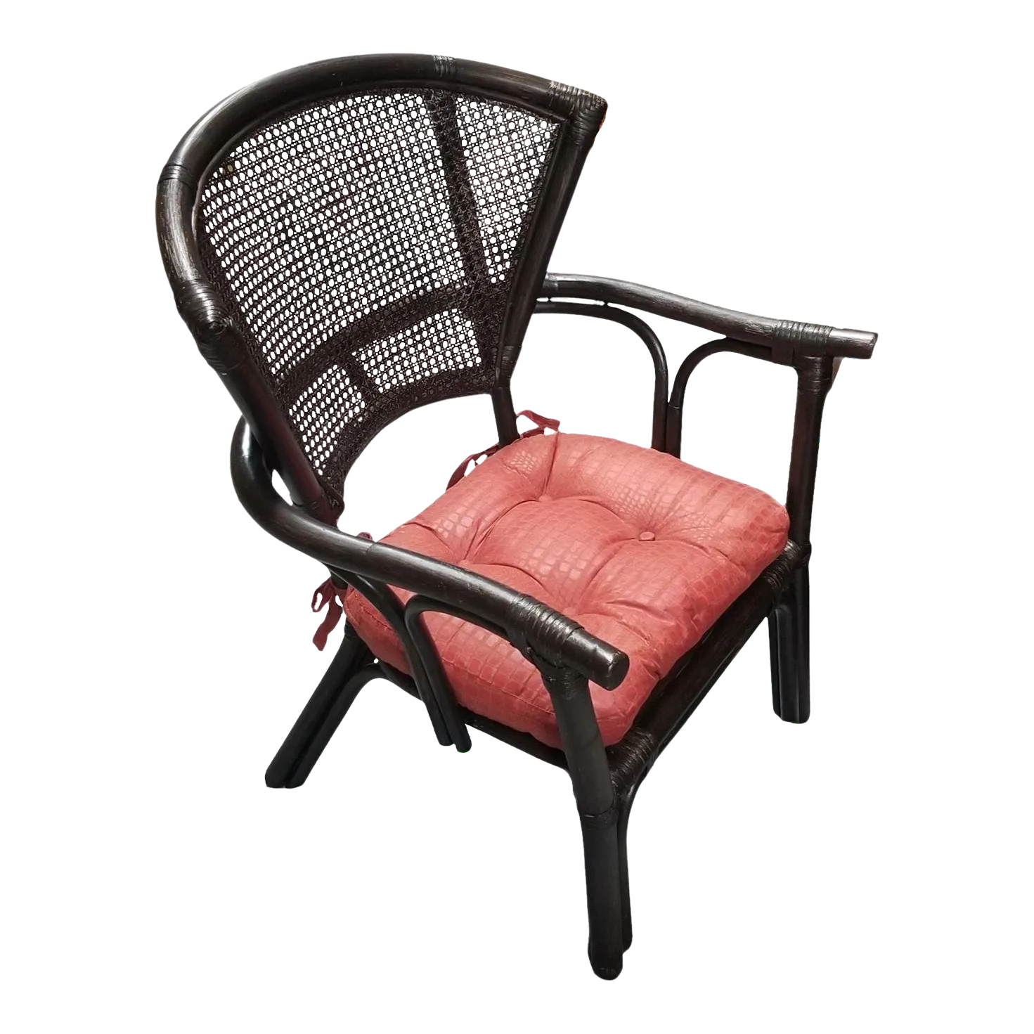 1950s Restored Dark Wood Rattan Cane Fan Back Armchair | Chairish